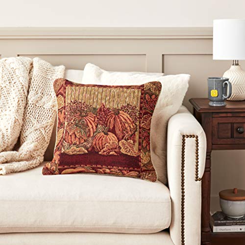 Violet Linen Incorporated Fall Harvest Collection-Tapestry Pumpkins and Autumn Leaves Design Throw-Pillows, 18" X 18"