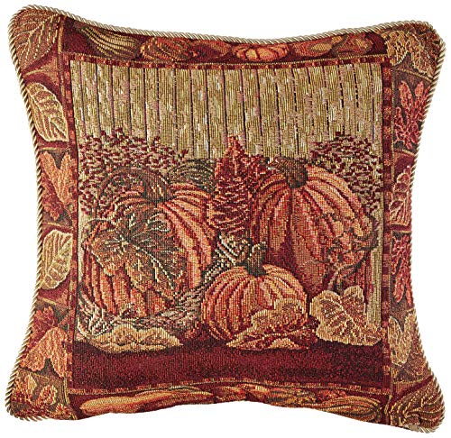 Violet Linen Incorporated Fall Harvest Collection-Tapestry Pumpkins and Autumn Leaves Design Throw-Pillows, 18" X 18"