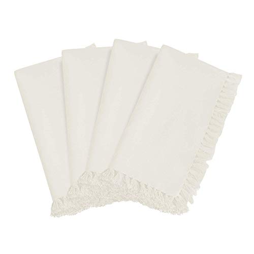 SARO LIFESTYLE 1234 Lizette Collection Fringed Design Festive Dinner Napkins (Set of 4), Off White, 20" Square, 4 Pieces