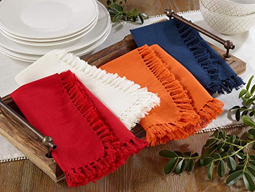 SARO LIFESTYLE 1234 Lizette Collection Fringed Design Festive Dinner Napkins (Set of 4), Off White, 20" Square, 4 Pieces