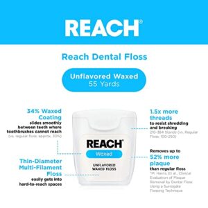 Reach Waxed Dental Floss Bundle | Effective Plaque Removal, Extra Wide Cleaning Surface | Shred Resistance & Tension, Slides Smoothly & Easily, PFAS FREE | Unflavored, 55 YD, 6pk