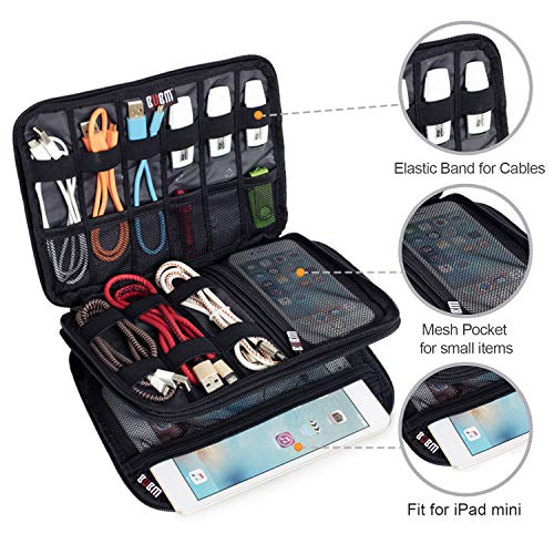 BUBM Double Layer Electronic Accessories Organizer, Travel Gadget Bag for Cables, USB Flash Drive, Plug and More, Perfect Size Fits for iPad Mini (Medium, Black)