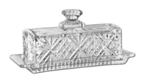 james scott glass butter dish with lid, holds a standard stick of butter