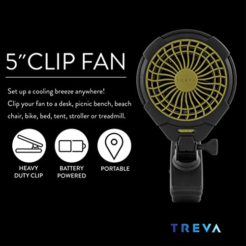 Treva 5 Inch Battery Powered Clip Slim and Portable Cooling Fan with Clamp for Travel, Outdoor,Camping, Car, Office Desk, Baby Stroller - Multi-Directional Rotating and Adjustable Head, Khaki (FC05005)