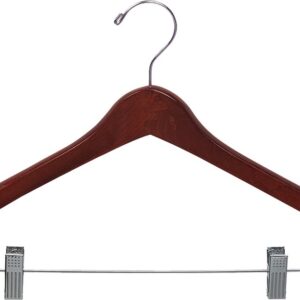 The Great American Hanger Company Wood Curved Combo Hanger w/Adjustable Cushion Clips, Box of 100 17 Inch Wooden Hangers w/Walnut Finish & Chrome Swivel Hook & Notches for Shirt Jacket or Dress