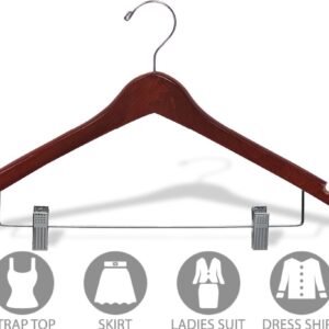 The Great American Hanger Company Wood Curved Combo Hanger w/Adjustable Cushion Clips, Box of 100 17 Inch Wooden Hangers w/Walnut Finish & Chrome Swivel Hook & Notches for Shirt Jacket or Dress