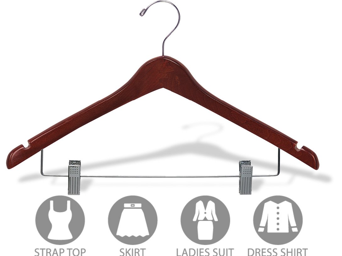 The Great American Hanger Company Wood Curved Combo Hanger w/Adjustable Cushion Clips, Box of 100 17 Inch Wooden Hangers w/Walnut Finish & Chrome Swivel Hook & Notches for Shirt Jacket or Dress