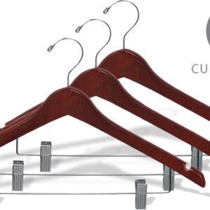 The Great American Hanger Company Wood Curved Combo Hanger w/Adjustable Cushion Clips, Box of 100 17 Inch Wooden Hangers w/Walnut Finish & Chrome Swivel Hook & Notches for Shirt Jacket or Dress