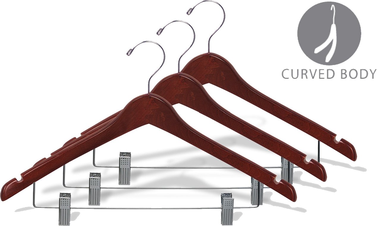 The Great American Hanger Company Wood Curved Combo Hanger w/Adjustable Cushion Clips, Box of 100 17 Inch Wooden Hangers w/Walnut Finish & Chrome Swivel Hook & Notches for Shirt Jacket or Dress