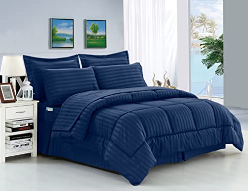 Elegant Comfort® Wrinkle Resistant - Silky Soft Dobby Stripe Bed-in-a-Bag 8-Piece Comforter Set -HypoAllergenic - King Navy Blue