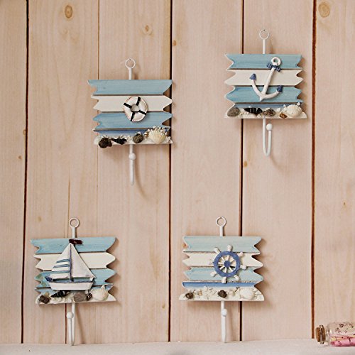 OLizee® Beach Themed Wall Hooks Towel Hat Coat Hangers Rustic Wall Decorations (Set of 4 Hanger)