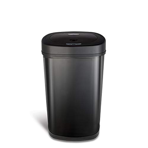 NINESTARS DZT-50-9BK Automatic Touchless Infrared Motion Sensor Trash Can, 13 Gal 50L, Black Steel Base (Oval, Black Lid)