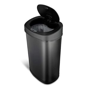 NINESTARS DZT-50-9BK Automatic Touchless Infrared Motion Sensor Trash Can, 13 Gal 50L, Black Steel Base (Oval, Black Lid)