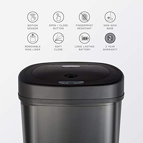 NINESTARS DZT-50-9BK Automatic Touchless Infrared Motion Sensor Trash Can, 13 Gal 50L, Black Steel Base (Oval, Black Lid)