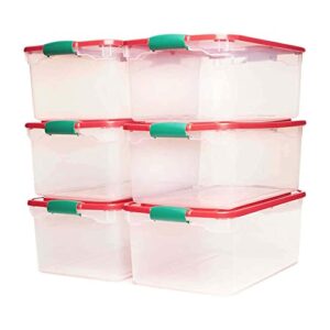 homz 64 quart holiday seasonal decor decoration organizer plastic storage bin container with red tight latching lid and green handles, 6 pack