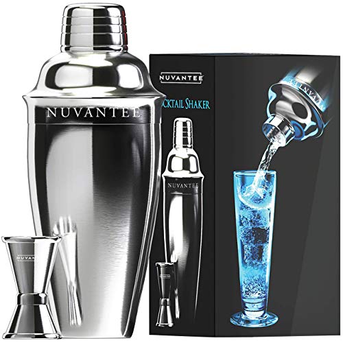 Nuvantee Cocktail Shaker Set，24 oz Martini & Drink Mixer w/ Built in Strainer, Measuring Jigger, Home Bartending Kit, Stainless Steel Martini Shaker