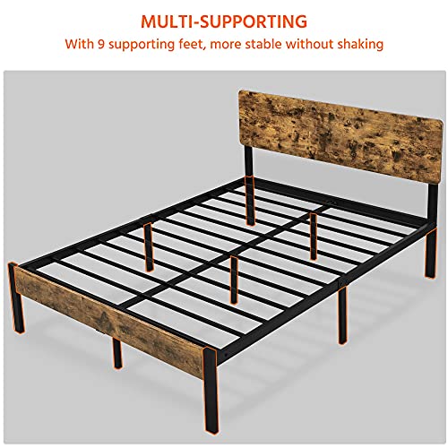 Yaheetech Metal Platform Bed Frame Full with Wood Headboard and Iron Slats, Rustic Country Bed Base with Mattress Foundation/Strong Slats Support/12 Inch Underbed Storage/No Box Spring Needed, Brown