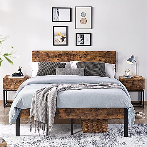 Yaheetech Metal Platform Bed Frame Full with Wood Headboard and Iron Slats, Rustic Country Bed Base with Mattress Foundation/Strong Slats Support/12 Inch Underbed Storage/No Box Spring Needed, Brown