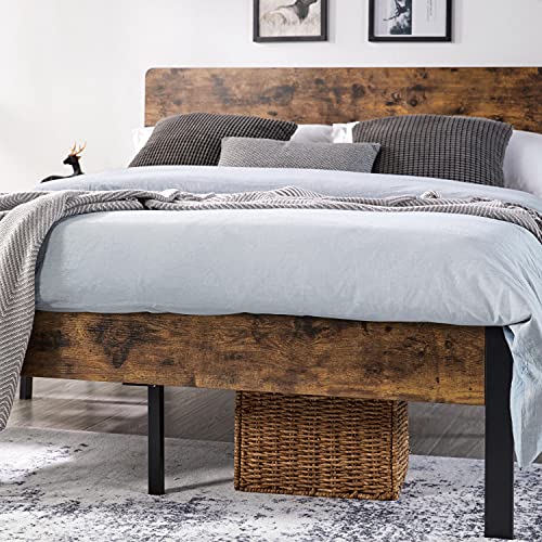 Yaheetech Metal Platform Bed Frame Full with Wood Headboard and Iron Slats, Rustic Country Bed Base with Mattress Foundation/Strong Slats Support/12 Inch Underbed Storage/No Box Spring Needed, Brown