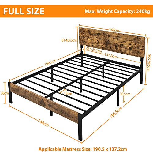 Yaheetech Metal Platform Bed Frame Full with Wood Headboard and Iron Slats, Rustic Country Bed Base with Mattress Foundation/Strong Slats Support/12 Inch Underbed Storage/No Box Spring Needed, Brown