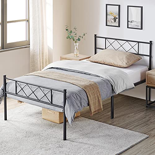 Yaheetech Twin Metal Platform Bed Frame Mattress Foundation with Headboard and Footboard No Box Spring Needed Under Bed Storage Steel Slats Black