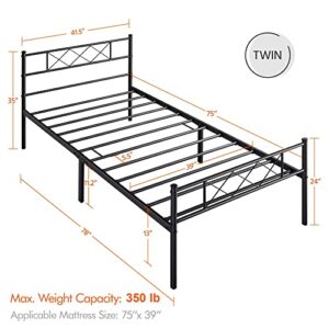 Yaheetech Twin Metal Platform Bed Frame Mattress Foundation with Headboard and Footboard No Box Spring Needed Under Bed Storage Steel Slats Black