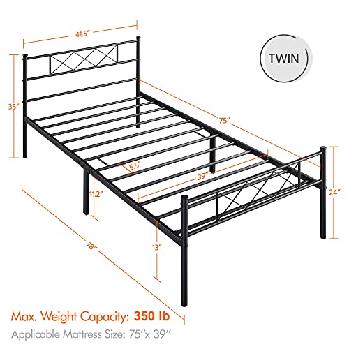 Yaheetech Twin Metal Platform Bed Frame Mattress Foundation with Headboard and Footboard No Box Spring Needed Under Bed Storage Steel Slats Black