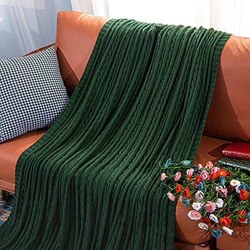 NTBAY 100% Pure Cotton Cable Knit Throw Blanket, Super Soft Warm 51x67 Knitted Throw Blanket for Couch, Sofa, Chair, Bed - Extra Cozy, Machine Washable, Comfortable Home Decor, Dark Green