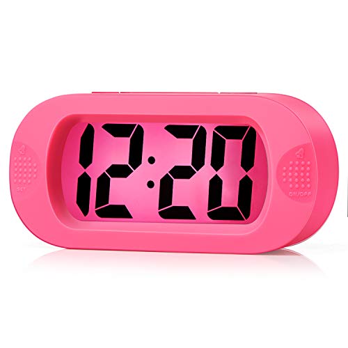 Plumeet Kids Alarm Clock Large Digital LCD Travel Alarm Clocks with Snooze and Night Light - Ascending Sound and Handheld Sized - Best Gift for Kids (Pink)