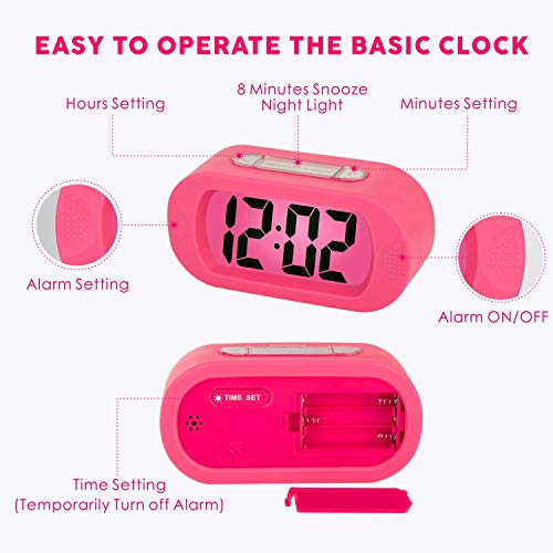 Plumeet Kids Alarm Clock Large Digital LCD Travel Alarm Clocks with Snooze and Night Light - Ascending Sound and Handheld Sized - Best Gift for Kids (Pink)