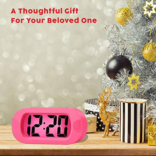 Plumeet Kids Alarm Clock Large Digital LCD Travel Alarm Clocks with Snooze and Night Light - Ascending Sound and Handheld Sized - Best Gift for Kids (Pink)