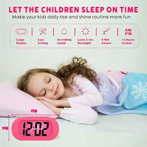 Plumeet Kids Alarm Clock Large Digital LCD Travel Alarm Clocks with Snooze and Night Light - Ascending Sound and Handheld Sized - Best Gift for Kids (Pink)