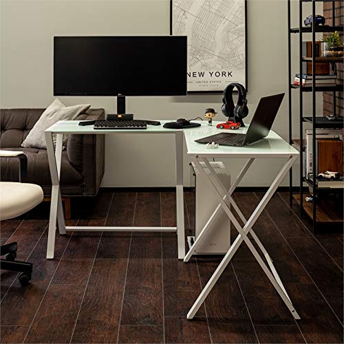 Walker Edison Wright Modern X Leg Glass Top Corner Computer Gaming L Shape Desk Home Office, 51 Inch, White