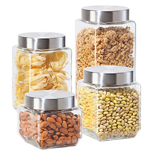 Oggi 4 Piece Airtight Glass Storage Containers Set - Includes 4 Square Glass Kitchen Canisters with Stainless Steel Lids - Sleek, Modern Kitchen Storage, Pantry Storage, Food Storage