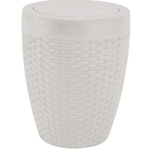 Superio Round Trash Can 6.5 Qt Ivory Bone - Small Trash Bin with Lid Beige Wicker Look, Concealed Bag