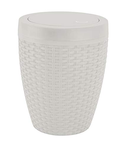 Superio Round Trash Can 6.5 Qt Ivory Bone - Small Trash Bin with Lid Beige Wicker Look, Concealed Bag