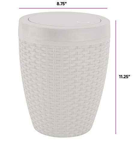 Superio Round Trash Can 6.5 Qt Ivory Bone - Small Trash Bin with Lid Beige Wicker Look, Concealed Bag