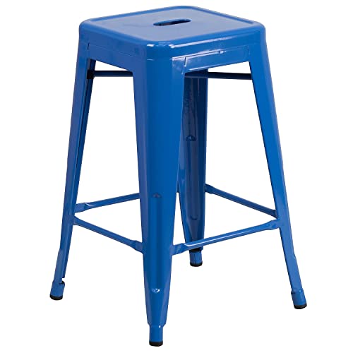 Flash Furniture Kai Commercial Grade 24" High Backless Blue Metal Indoor-Outdoor Counter Height Stool with Square Seat