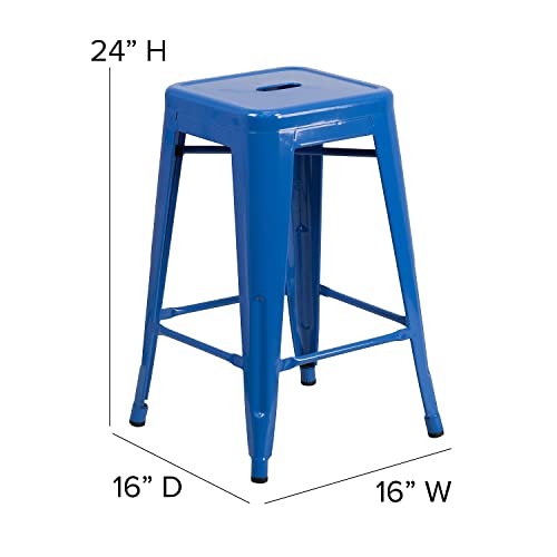 Flash Furniture Kai Commercial Grade 24" High Backless Blue Metal Indoor-Outdoor Counter Height Stool with Square Seat