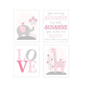 baby girl nursery art pink gray elephant giraffe you are my sunshine love grey chevron bird flower baby nursery decor nursery wall art set of 4 unframed prints