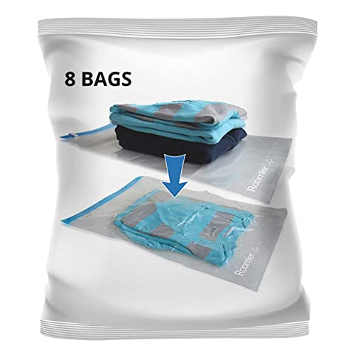 8 Pack Travel Space Saver Bags Vacuum Storage, with Sizes Medium to Large, Sealer Bag Roll-up Compression Storage No Vacuum Needed and Packing Organizers for Travel, comforters, blankets, and Clothes