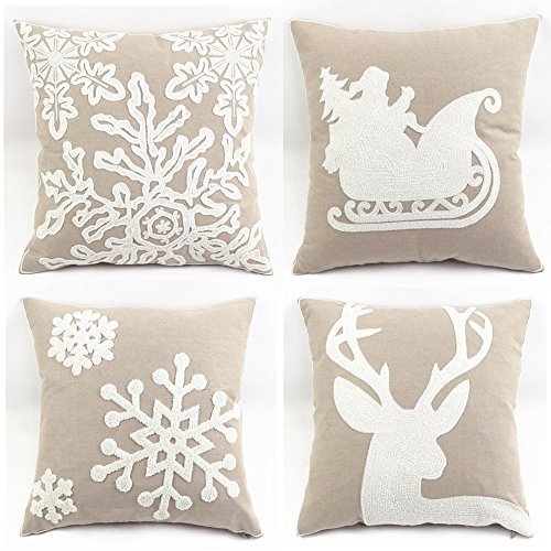 WOMHOPE Pack of 4 Christmas Pillow Covers Embroidery Sleigh Snowflakes Winter Decorative Square Cushion Covers Shells 18 X 18 Inches for Bed,Sofa,Couch (B (Set of 4) Griege)