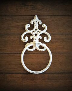 shabby chic towel ring, antique white or pick color towel hanger, heavy cast iron bathroom towel hook, fleur de lis design