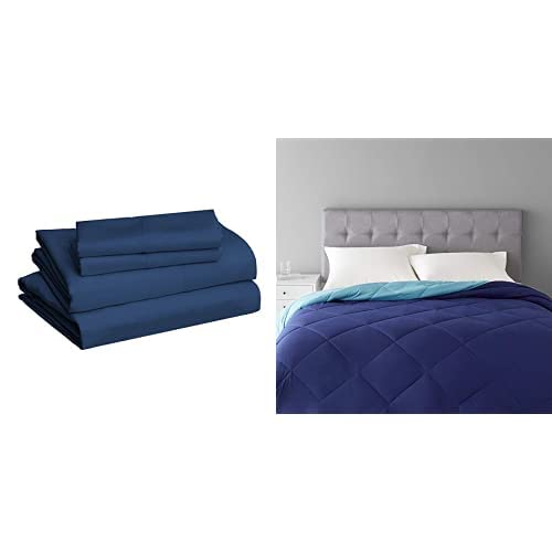 Amazon Basics Navy Blue Comforter (Full/Queen) and Navy Blue Sheet Set (Queen)