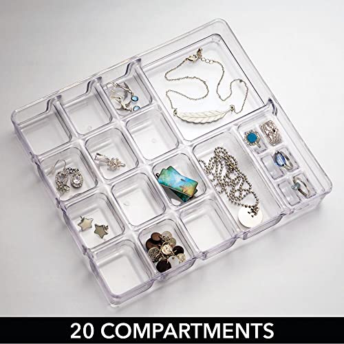 mDesign Stackable Plastic Storage Jewelry Box - 2 Organizer Trays with Lid for Drawer, Dresser, Vanity - Holds Necklaces, Bracelets, Bangles, Rings, Earrings - 3 Pieces - Clear