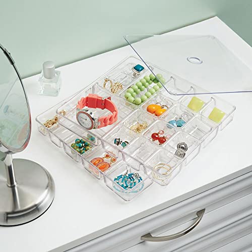 mDesign Stackable Plastic Storage Jewelry Box - 2 Organizer Trays with Lid for Drawer, Dresser, Vanity - Holds Necklaces, Bracelets, Bangles, Rings, Earrings - 3 Pieces - Clear