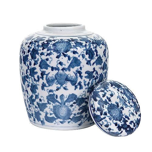 Creative Co-Op Decorative Ceramic Ginger Jar with Lid, Blue and White, Large