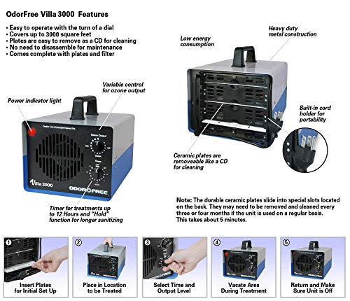 OdorFree Villa 3000 Ozone Generator for Eliminating Odors, permanently removing Tobacco, Pet and Musty Odors at their Source - Easily Treats Up To 3000 Sq Ft