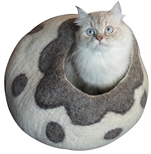 Cat Cave Bed - Gray White Handmade Felted Wool, Large Covered Cozy Cocoon, Indoor Hideaway Igloo House, Also Perfect Kitten Gift , by Earthtone Solutions (Cozy Pueblo)