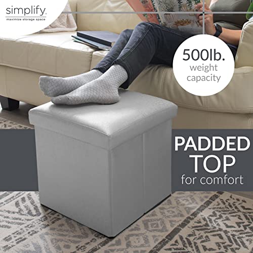 Simplify Faux Leather Folding Storage Ottoman | Single | Collapsible | Tufted Padded Seating | Foot Rest | Bench | Toy Box | Grey